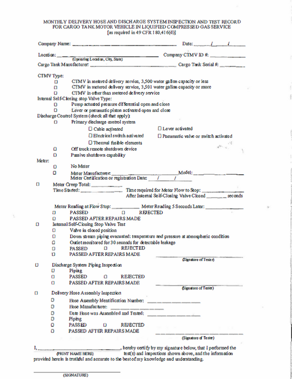 MONTHLY DELIVERY HOSE & DISCHARGE SYSTEM INSPECTION & TEST — PSC