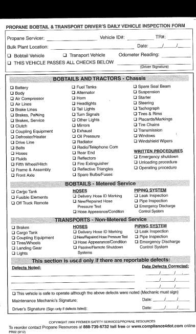 PROPANE BOBTAIL & TRANSPORT VEHICLE INSPECTION FORM — PSC