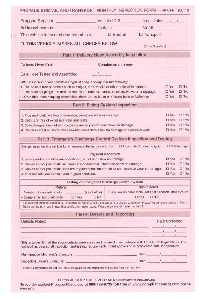 PROPANE BOBTAIL & TRANSPORT MONTHLY INSPECTION FORM - Per Pad — PSC